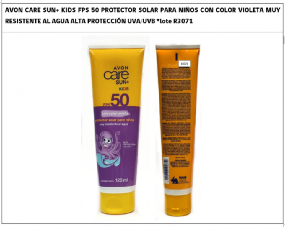 Alerta de Seguridad: Protectores solares Avon, Care Sun+ Kids FPS 50 y Anew Solar Advance FPS 50 ...